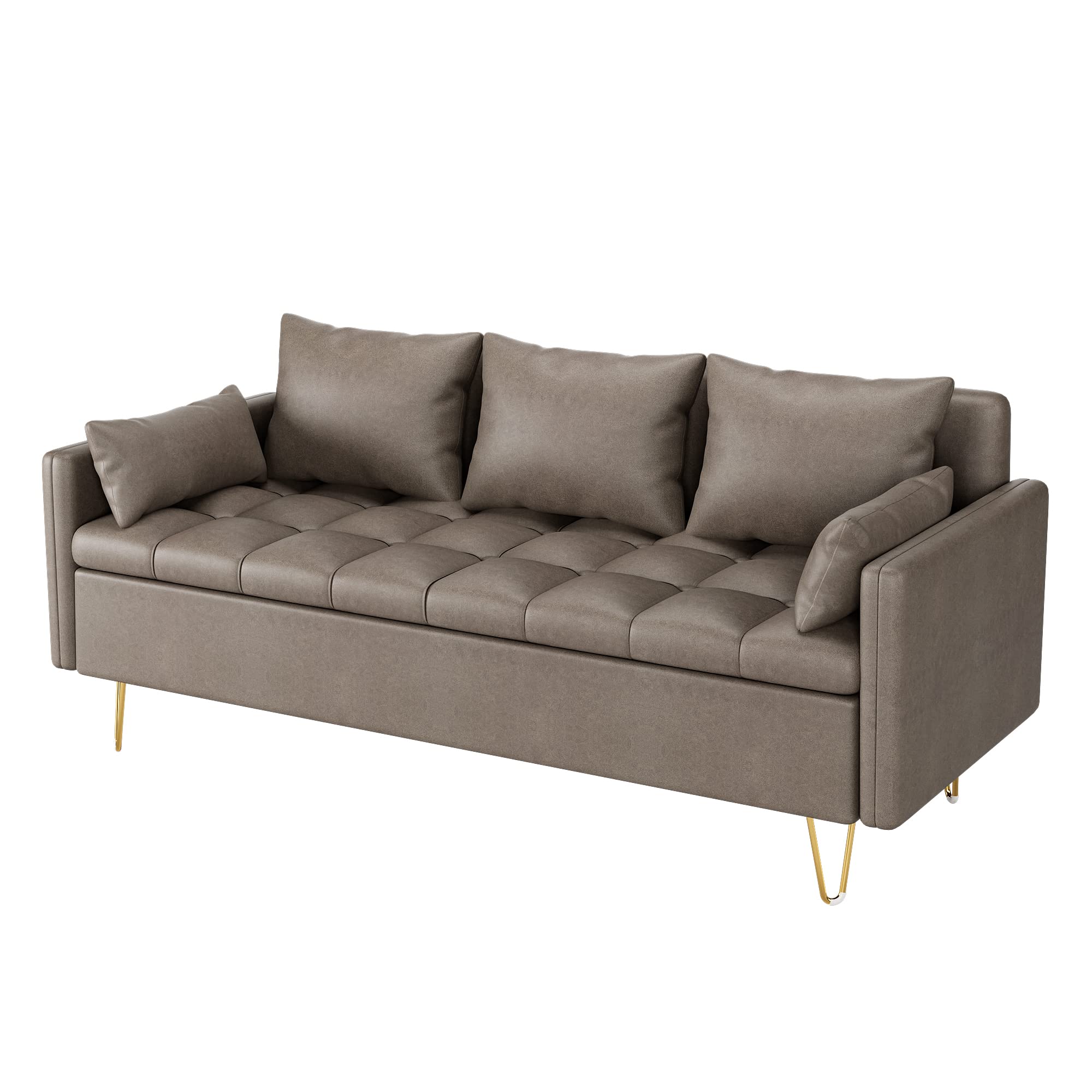 Senfot Faux Leather Sofa Couch 60" W Sofas with Button Tufted Design and Hand Stitched, Heavy Duty Foundation with Gold Metal Legs, Lift-Up Storage and Bolster Pillows in Dark Brown