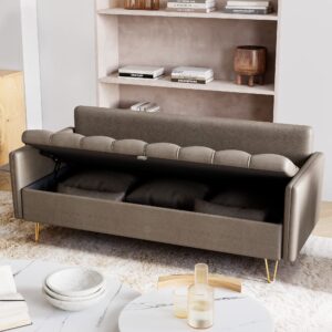 Senfot Faux Leather Sofa Couch 60" W Sofas with Button Tufted Design and Hand Stitched, Heavy Duty Foundation with Gold Metal Legs, Lift-Up Storage and Bolster Pillows in Dark Brown