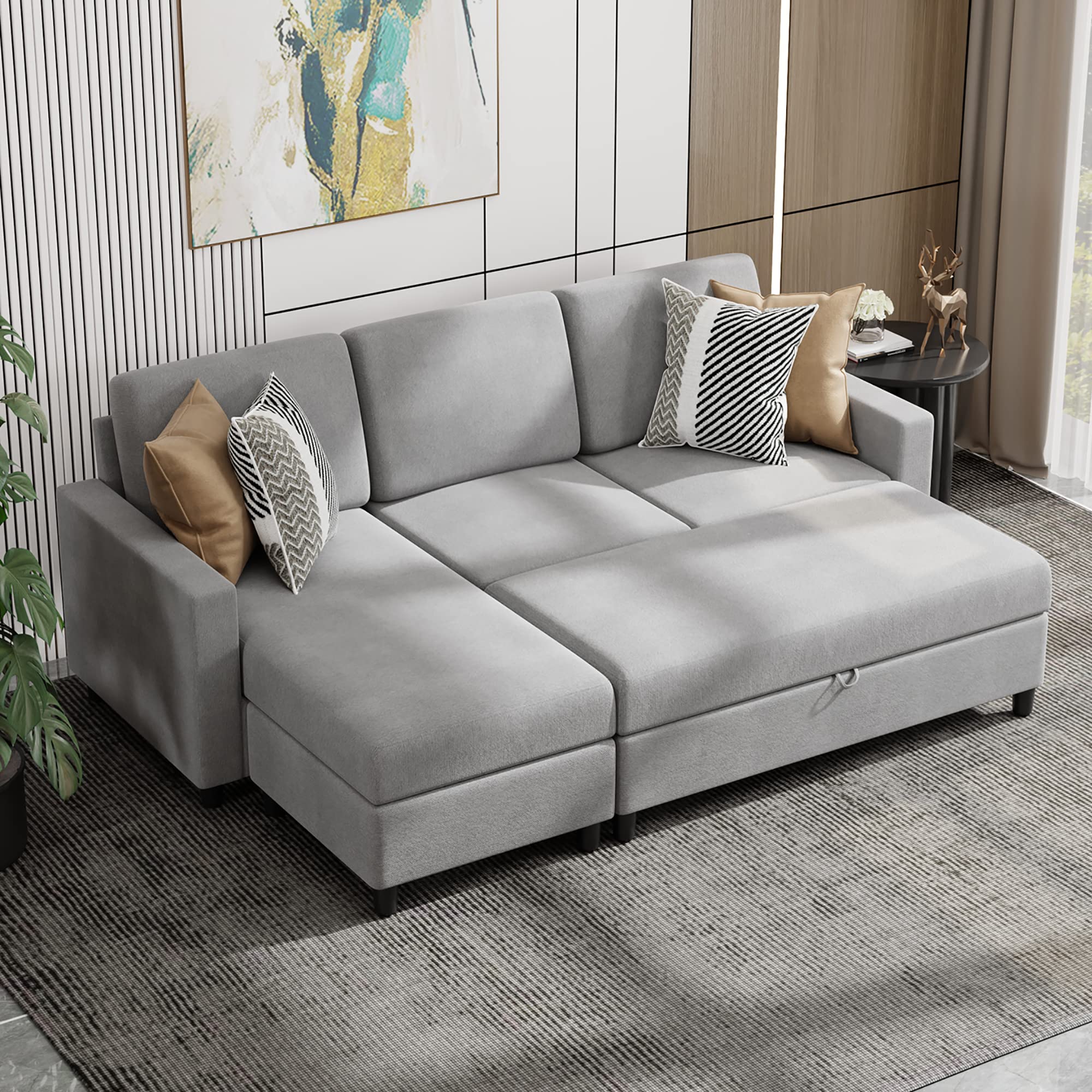 JAMFLY 79'' Sectional Sofa Couch with Storage Ottoman, Living Room Furniture Set Small Deep Convertible Sofa, L-Shaped Couch Wide Reversible Chaise with Linen Fabric (Grey)