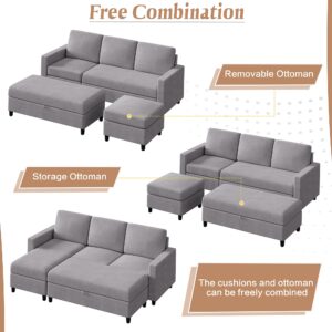 JAMFLY 79'' Sectional Sofa Couch with Storage Ottoman, Living Room Furniture Set Small Deep Convertible Sofa, L-Shaped Couch Wide Reversible Chaise with Linen Fabric (Grey)