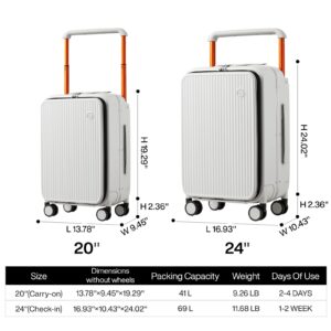 Mixi Carry On Luggage 20'' Suitcase with Front Laptop Pocket, Wide Handle Rolling Travel PC Hardshell with Aluminum Frame Spinner Wheels & TSA Lock, (Smoke White)