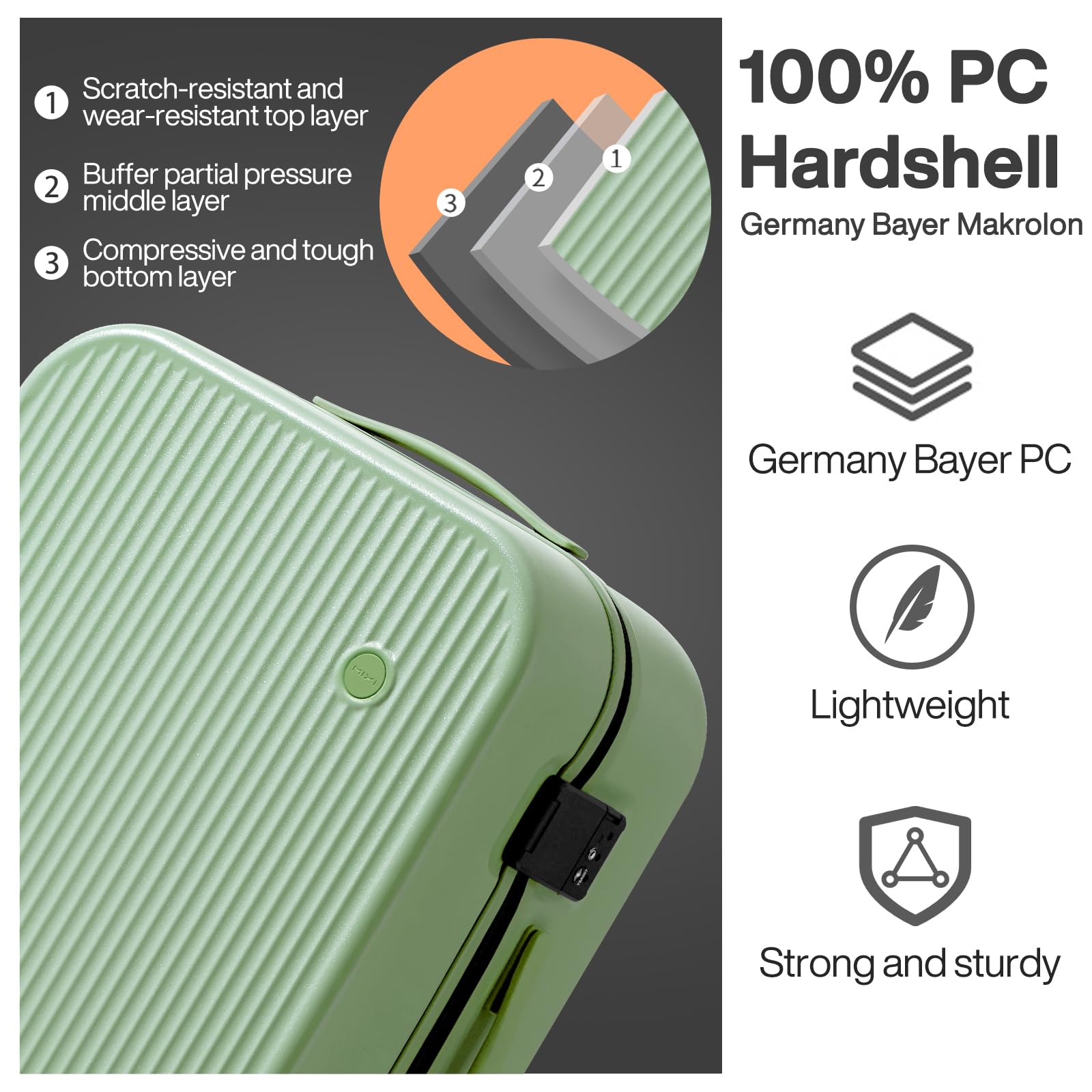 mixi Hardside PC Suitcase 26 Inch Checked Luggage Spinner Wheels TSA with Cover, Avocado Green