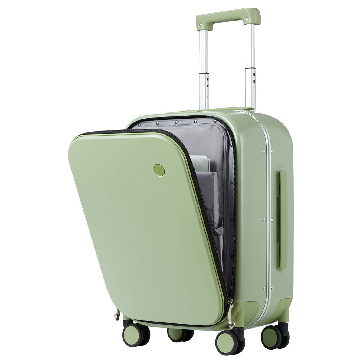 Mixi Carry On Luggage, 20'' Suitcase with Front Laptop Pocket, Travel Rolling Luggage Aluminum Frame PC Hardside with Spinner Wheels & TSA Lock and Cover - Avocado Green