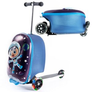 kiddietotes 3-d hardshell ride on suitcase scooter for kids -cute lightweight kids luggage with wheels - fun led lights