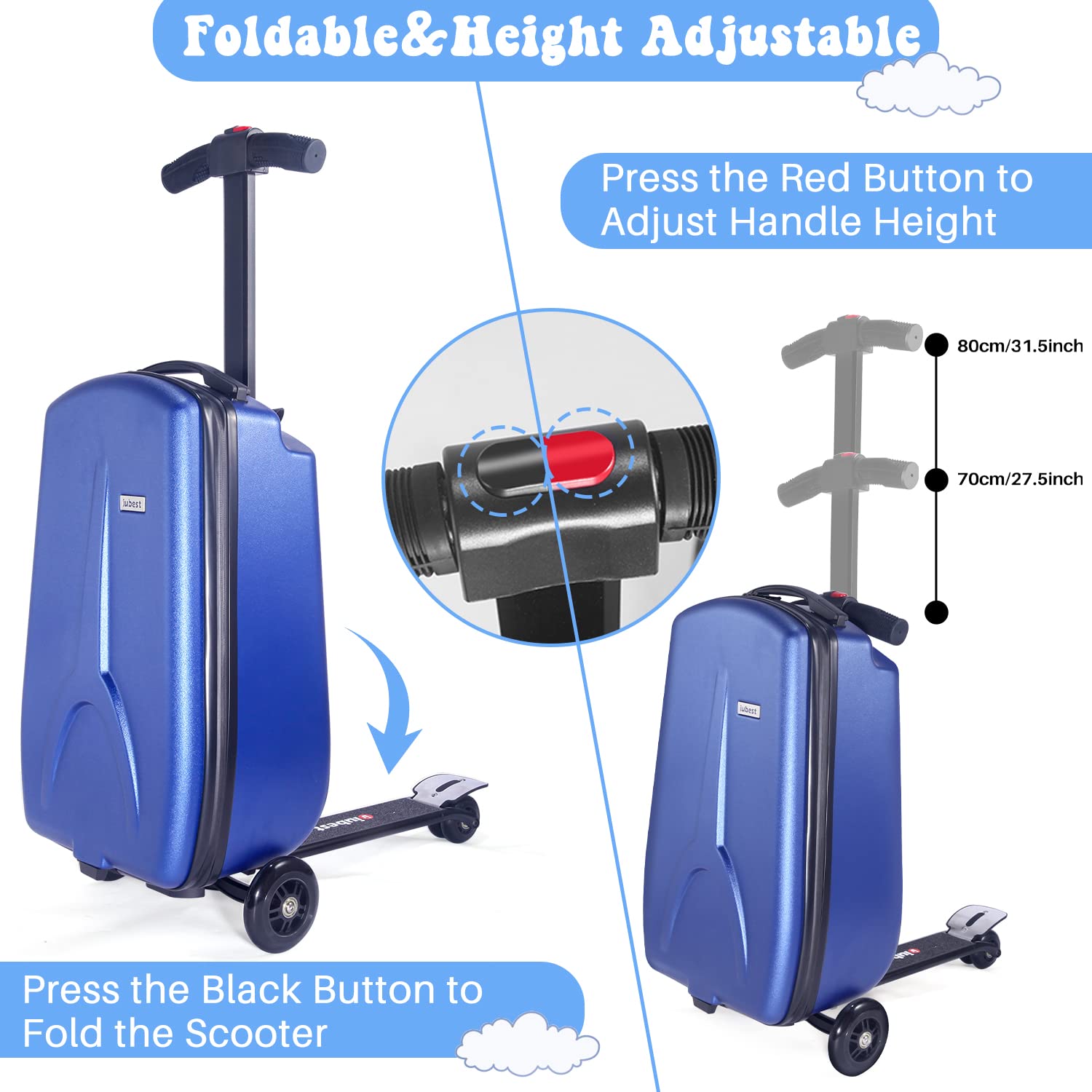 MRPLUM Scooter Luggage Detachable Ride On Suitcase Scooter for Kids Age 4-15,Carry-On Luggage Airline Approved,Multifunctional Travel Trolley Kids Scooter Suitcase Blue