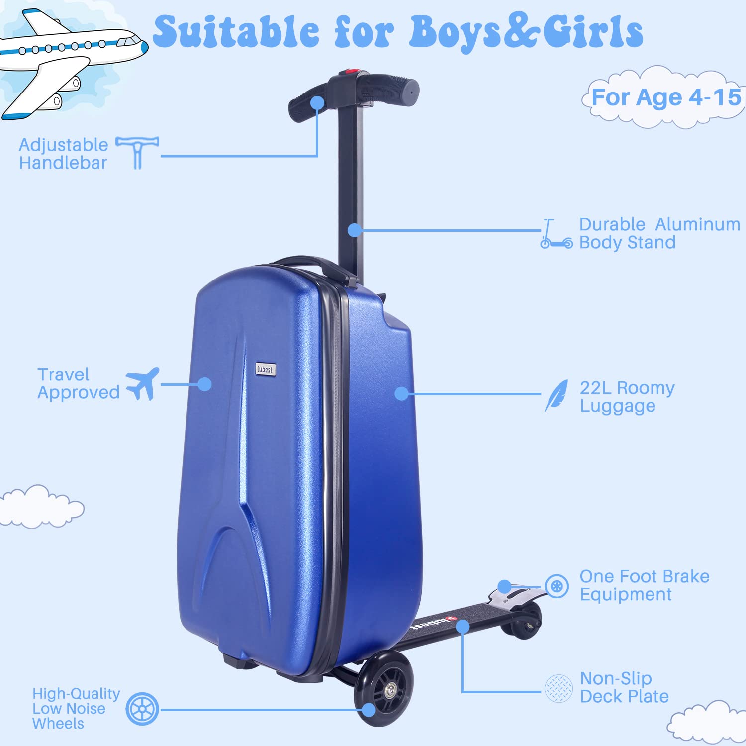 MRPLUM Scooter Luggage Detachable Ride On Suitcase Scooter for Kids Age 4-15,Carry-On Luggage Airline Approved,Multifunctional Travel Trolley Kids Scooter Suitcase Blue