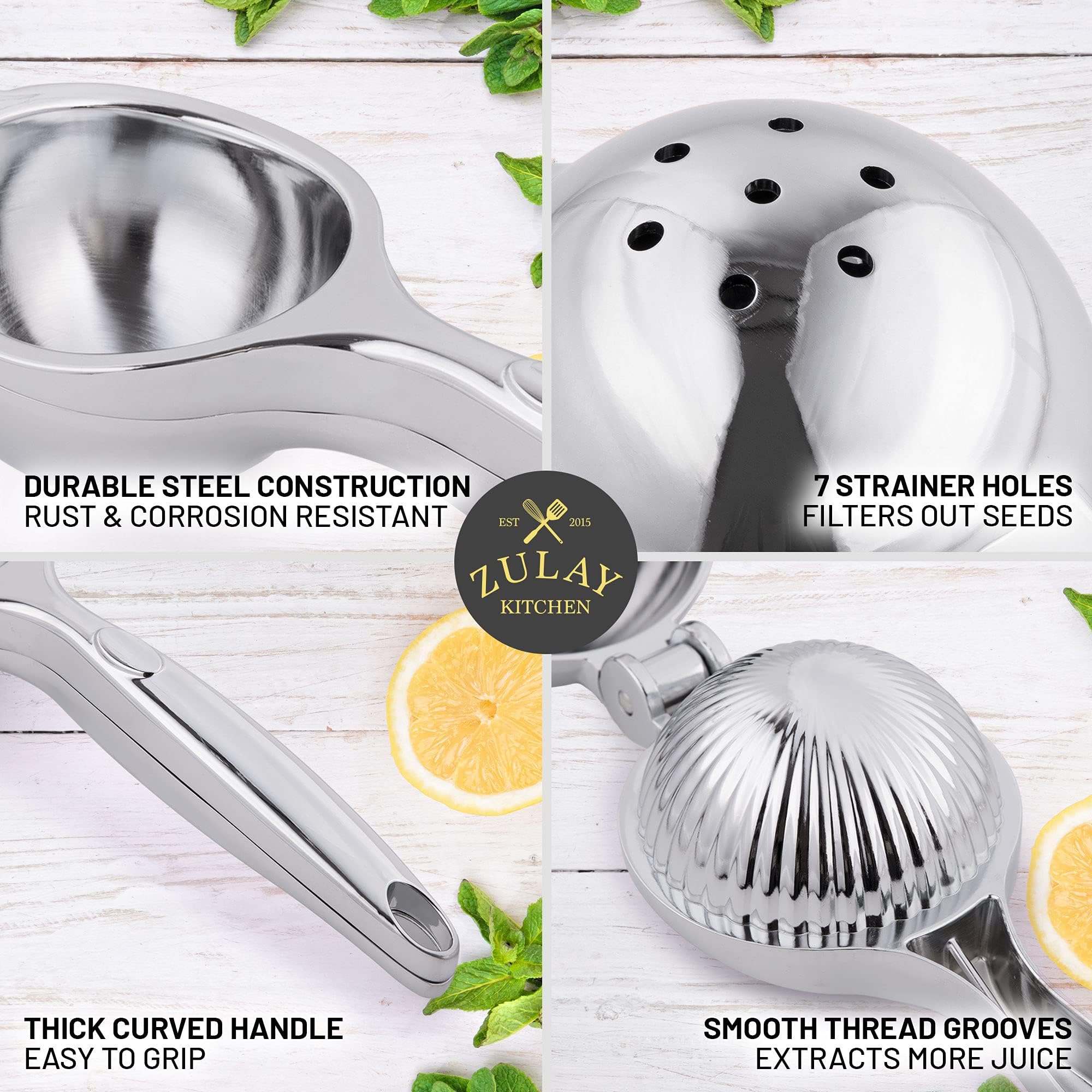 Zulay Kitchen Lemon Squeezer - Stainless Steel, Easy to Use Lemon Juicer Squeezer - Sturdy, Easy to Clean Lemon Juicer - Metal Lemon Press Juice Press - Citrus Juicer, Handheld Juicer - Silver