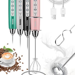 Nahida Pink Milk Frother Wand for Coffee, Frother Handheld with Stand Rechargeable Electric Whisk with 3 Heads 3 Speeds Drink Mixer Coffee Frother Foam Maker For Latte, Cappuccino, Hot Chocolate, Egg