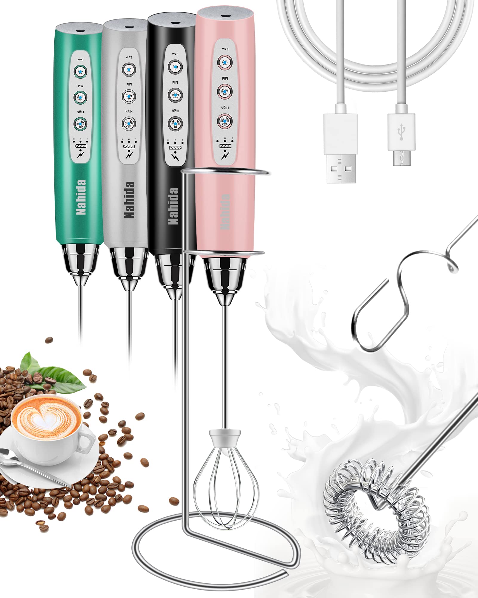 Nahida Pink Milk Frother Wand for Coffee, Frother Handheld with Stand Rechargeable Electric Whisk with 3 Heads 3 Speeds Drink Mixer Coffee Frother Foam Maker For Latte, Cappuccino, Hot Chocolate, Egg