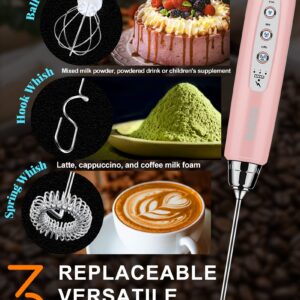 Nahida Pink Milk Frother Wand for Coffee, Frother Handheld with Stand Rechargeable Electric Whisk with 3 Heads 3 Speeds Drink Mixer Coffee Frother Foam Maker For Latte, Cappuccino, Hot Chocolate, Egg