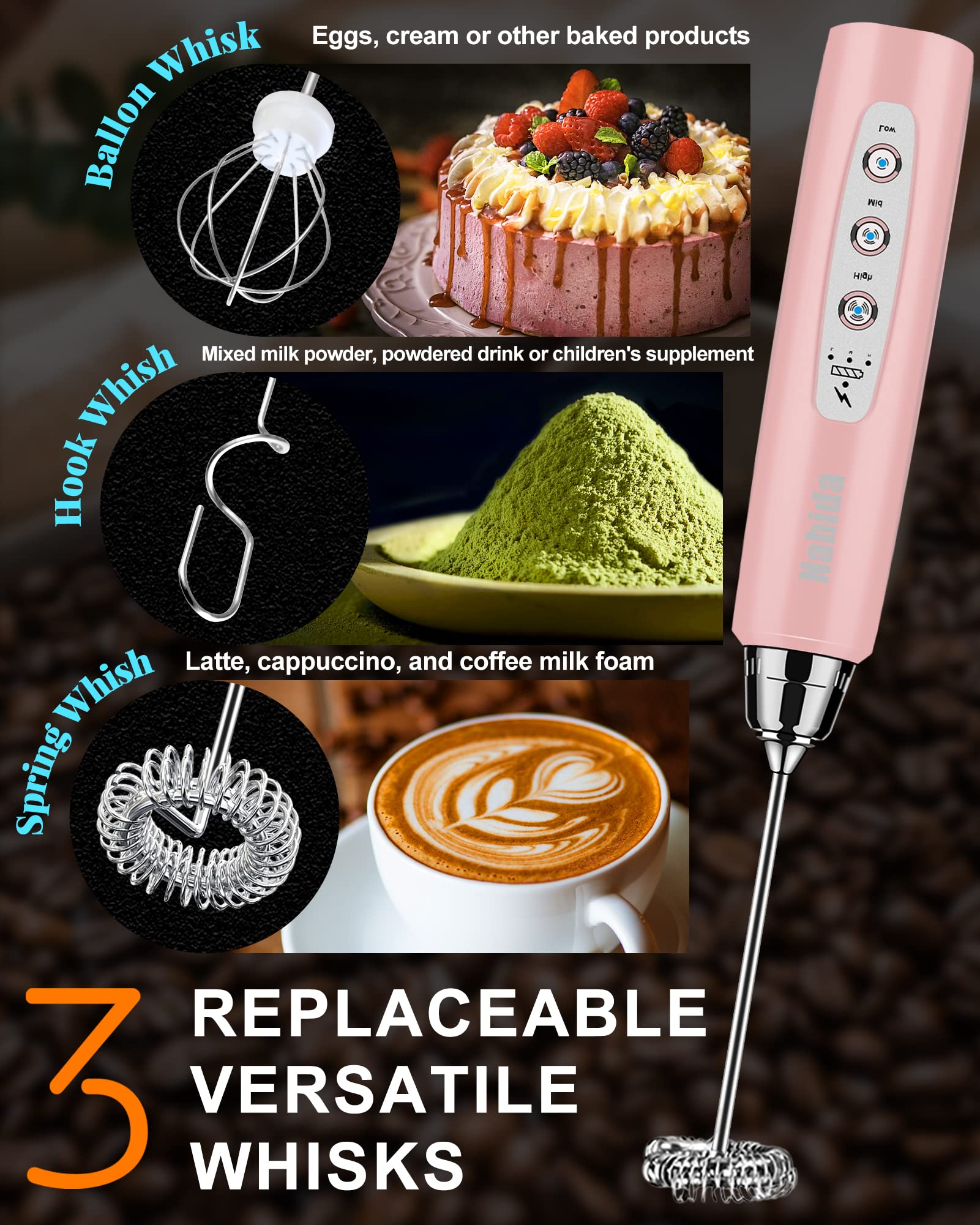 Nahida Pink Milk Frother Wand for Coffee, Frother Handheld with Stand Rechargeable Electric Whisk with 3 Heads 3 Speeds Drink Mixer Coffee Frother Foam Maker For Latte, Cappuccino, Hot Chocolate, Egg