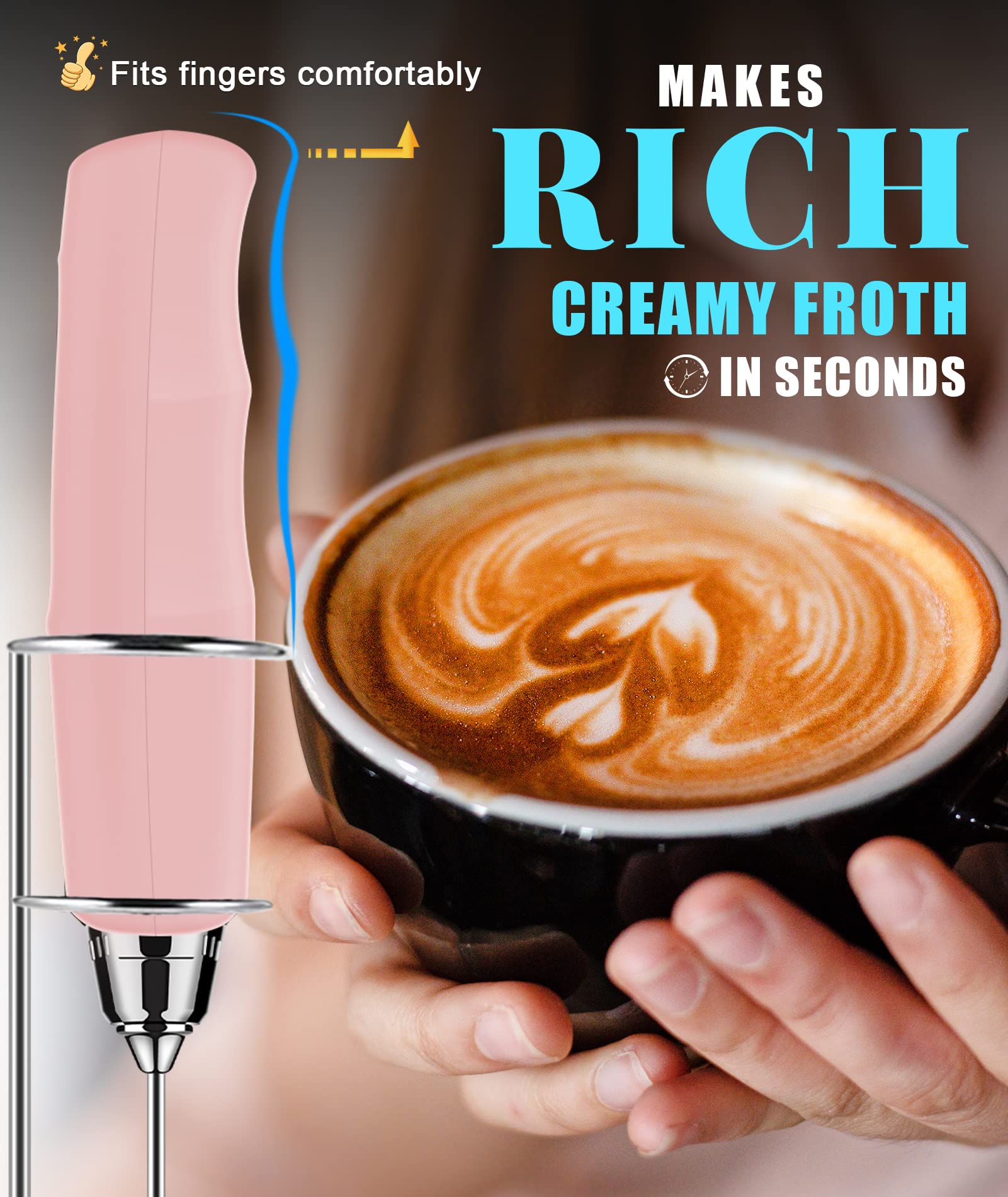 Nahida Pink Milk Frother Wand for Coffee, Frother Handheld with Stand Rechargeable Electric Whisk with 3 Heads 3 Speeds Drink Mixer Coffee Frother Foam Maker For Latte, Cappuccino, Hot Chocolate, Egg