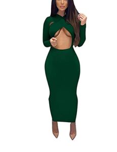 women's sexy long sleeve cross wrap cut out bodycon mixi party club dress dark green