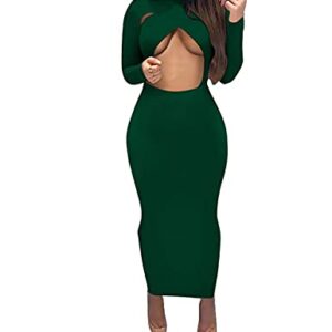 Women's Sexy Long Sleeve Cross Wrap Cut Out Bodycon Mixi Party Club Dress Dark Green