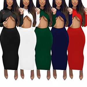 Women's Sexy Long Sleeve Cross Wrap Cut Out Bodycon Mixi Party Club Dress Dark Green