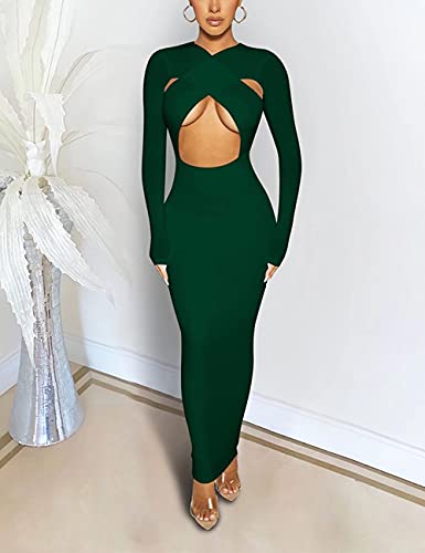 Women's Sexy Long Sleeve Cross Wrap Cut Out Bodycon Mixi Party Club Dress Dark Green