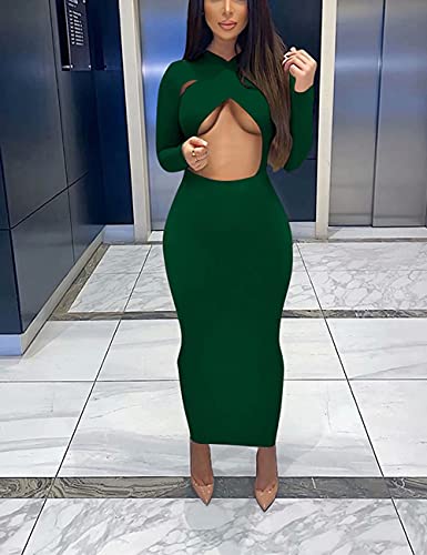 Women's Sexy Long Sleeve Cross Wrap Cut Out Bodycon Mixi Party Club Dress Dark Green