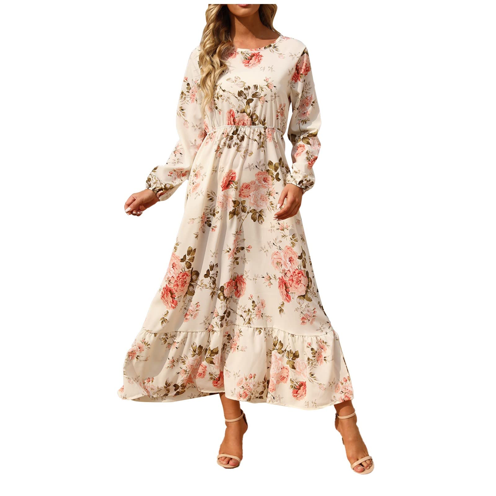 LKPJJFRG High Waist Smocked Flowy Tiered Mixi Dress V Neck Batwing Sleeve A line dress Loose Casual party T shirt long Dress Beige