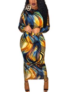 bluewolfsea women's sexy long sleeve printed bodycon mixi dress cocktail party dresses large brown