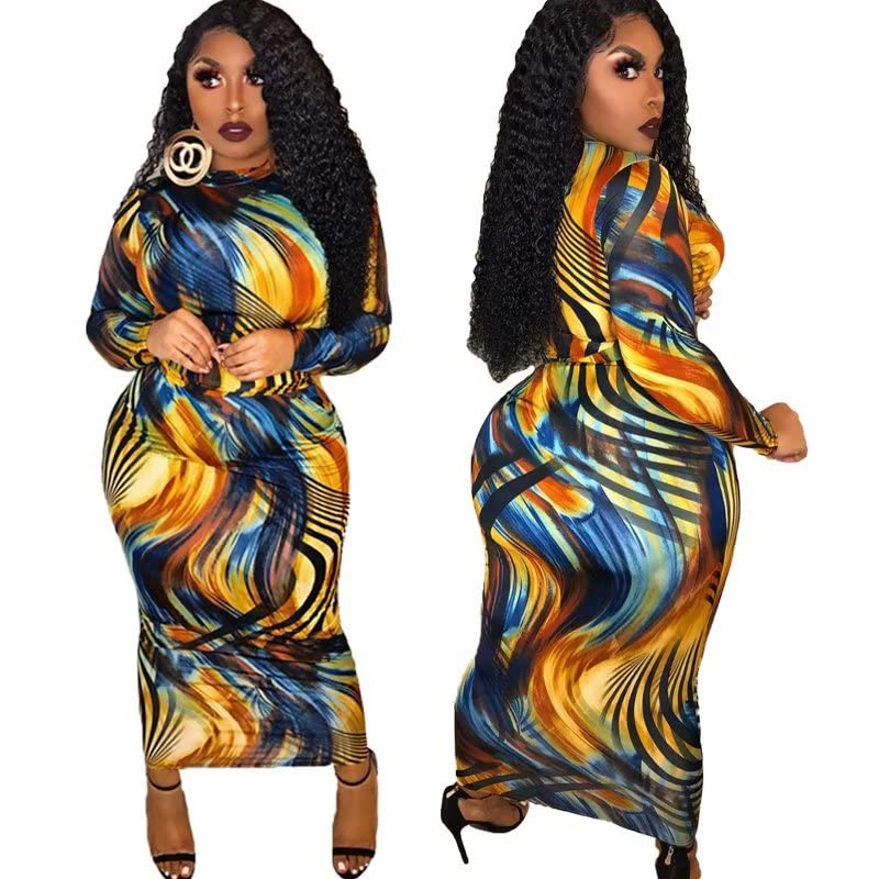 Bluewolfsea Women's Sexy Long Sleeve Printed Bodycon Mixi Dress Cocktail Party Dresses Large Brown