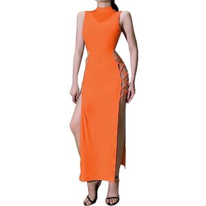 women's sexy hollow out small high neck sleeveless high slit side lace up criss-cross bandage bodycon club party mixi dresses orange