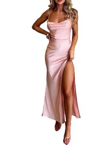 bozanly sexy spaghetti strap side split satin mixi dress for women criss cross tie back party bodycon dresses(0723-pink-xs)