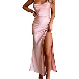 Bozanly Sexy Spaghetti Strap Side Split Satin Mixi Dress for Women Criss Cross Tie Back Party Bodycon Dresses(0723-Pink-XS)