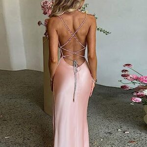 Bozanly Sexy Spaghetti Strap Side Split Satin Mixi Dress for Women Criss Cross Tie Back Party Bodycon Dresses(0723-Pink-XS)