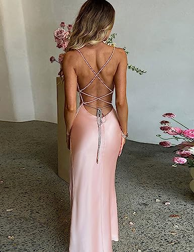 Bozanly Sexy Spaghetti Strap Side Split Satin Mixi Dress for Women Criss Cross Tie Back Party Bodycon Dresses(0723-Pink-XS)