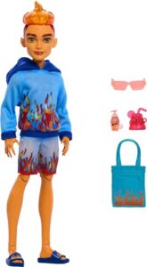 monster high scare-adise island heath burns doll with flame hoodie, swim trunks & beach accessories like sunglasses