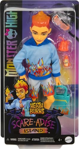 Monster High Scare-adise Island Heath Burns Doll with Flame Hoodie, Swim Trunks & Beach Accessories like Sunglasses