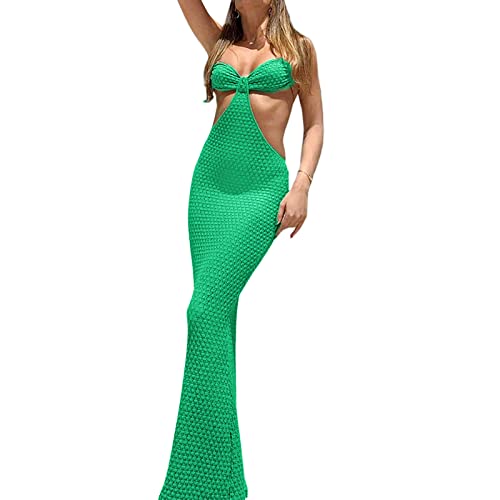 Fladdswed Women Summer Sexy Dresses Sleeveless Backless Bodycon Cutout Strap Dress Casual Party Y2K Mixi Long Streetwear (Green-E-Cutout, L)