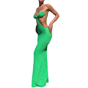 Fladdswed Women Summer Sexy Dresses Sleeveless Backless Bodycon Cutout Strap Dress Casual Party Y2K Mixi Long Streetwear (Green-E-Cutout, L)