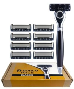 dorco pace classic - seven blade razor system with pivoting head and premium handle- 9 pack (1 handle + 9 cartridges)