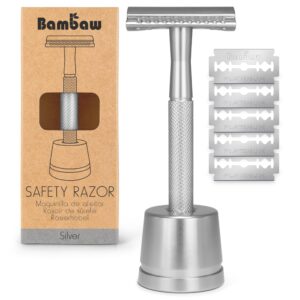 bambaw double edge safety razor for men with razor stand, one blade metal razor, reusable metal razor with 5 double edge safety razor blades – silver