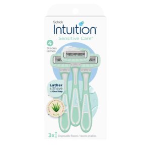 schick intuition disposable razors with sensitive skin, 3 count | razors sensitive skin, women’s disposable razors with a touch of aloe, travel razor