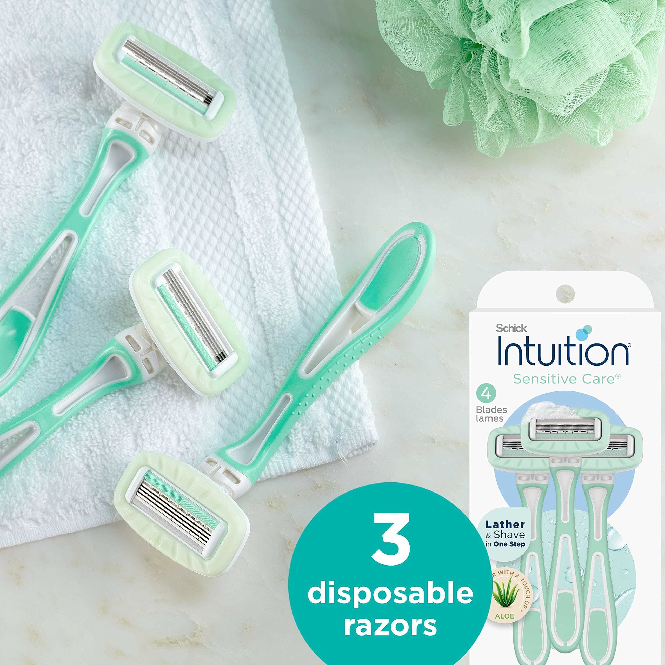 Schick Intuition Disposable Razors with Sensitive Skin, 3 Count | Razors Sensitive Skin, Women’s Disposable Razors with a Touch of Aloe, Travel Razor