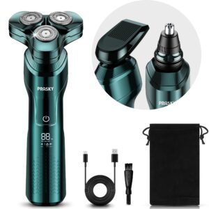 prasky electric razor for men, 3-in-1 face shaver, rotary led display, rechargeable, floating head, replaceable blades, portable travel beard trimmer, hair clippers kit - green