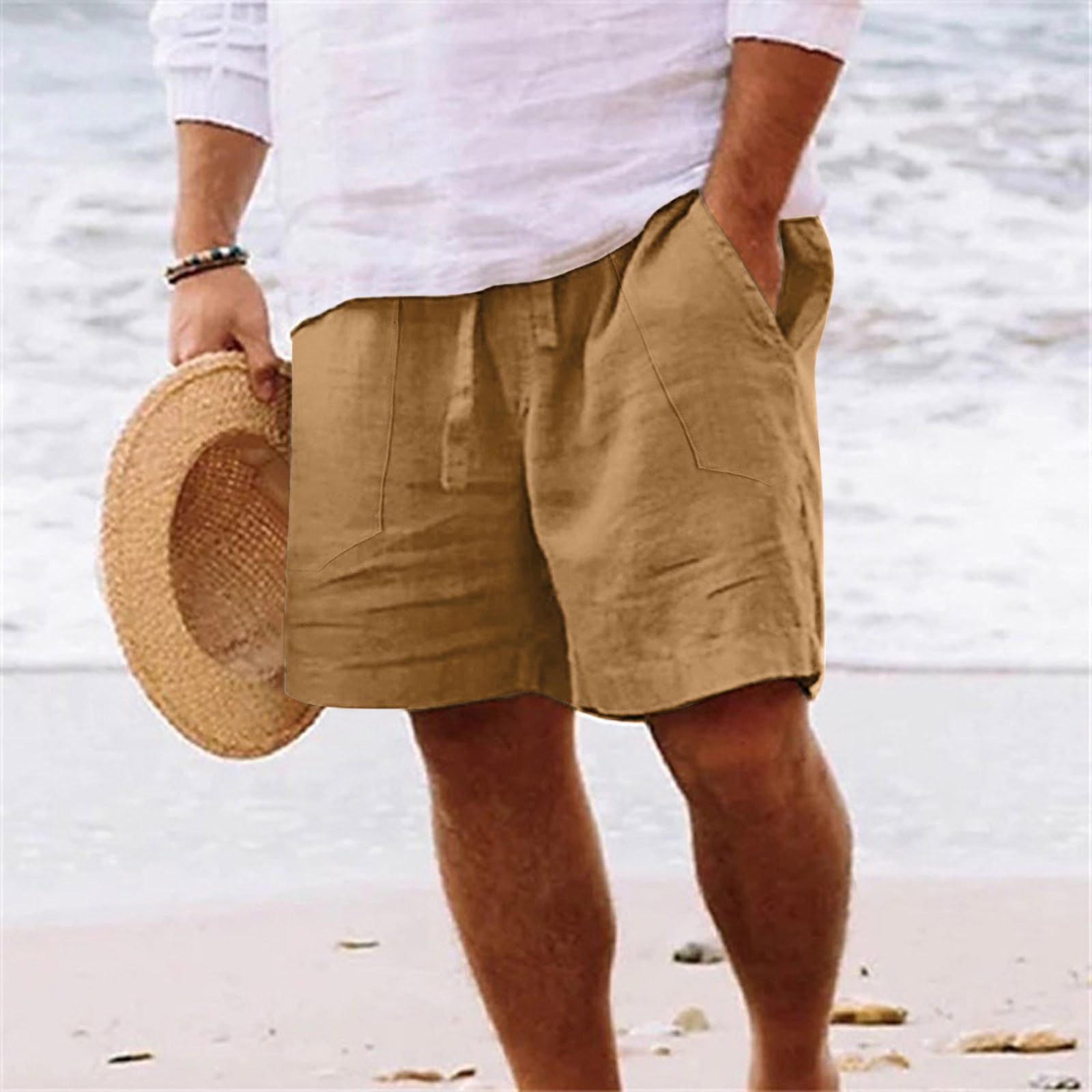 Today 2022 Men Linen Shorts Elastic Waist Drawstring Cotton Linen Shorts with Pockets Loose Fit Outdoor Summer Beach Shorts 5in Linen Shorts Men Khaki 2X