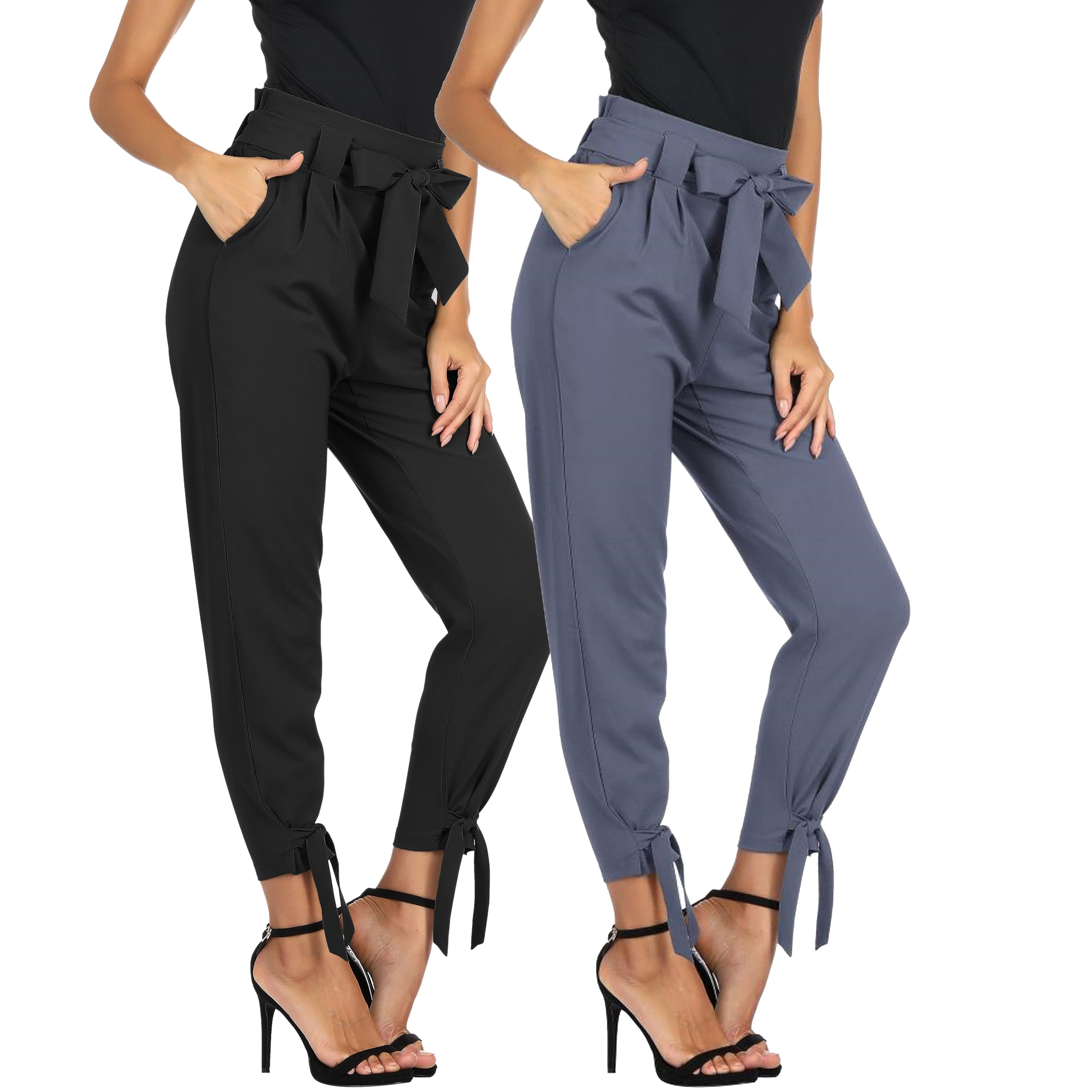 GRACE KARIN 2 Pack Women Paper Bag Pants Elastic High Waist Bow-Knot Casual Pencil Pants with Pocket Black+Blue Gray L