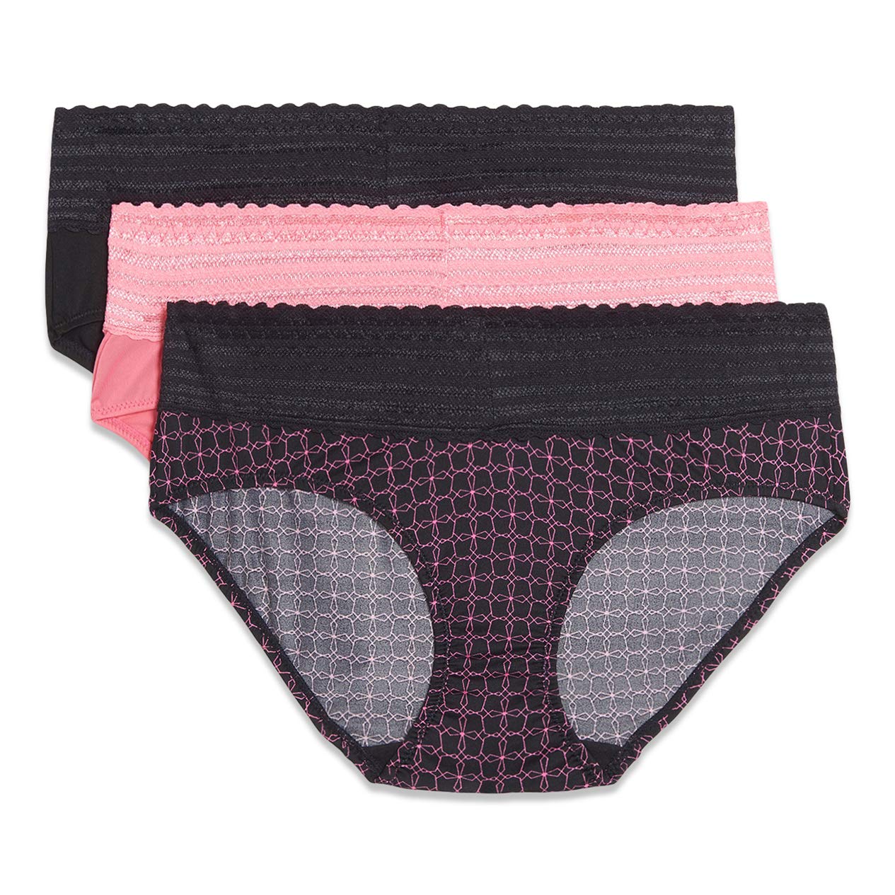 Warner's Women's Blissful Benefits No Muffin 3 Pack Hipster Panties, Black/Miami Pink/Miami Pink Octagon Print, 3XL