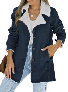 dokotoo womens winter jean denim jacket coats long sleeve open front fleece jacket stand collar button down sherpa fashion coats for women 2024 cardigans outerwear with pockets blue large