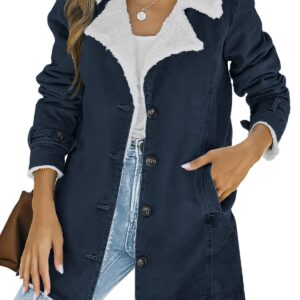 Dokotoo Womens Winter Jean Denim Jacket Coats Long Sleeve Open Front Fleece Jacket Stand Collar Button Down Sherpa Fashion Coats for Women 2024 Cardigans Outerwear with Pockets Blue Large