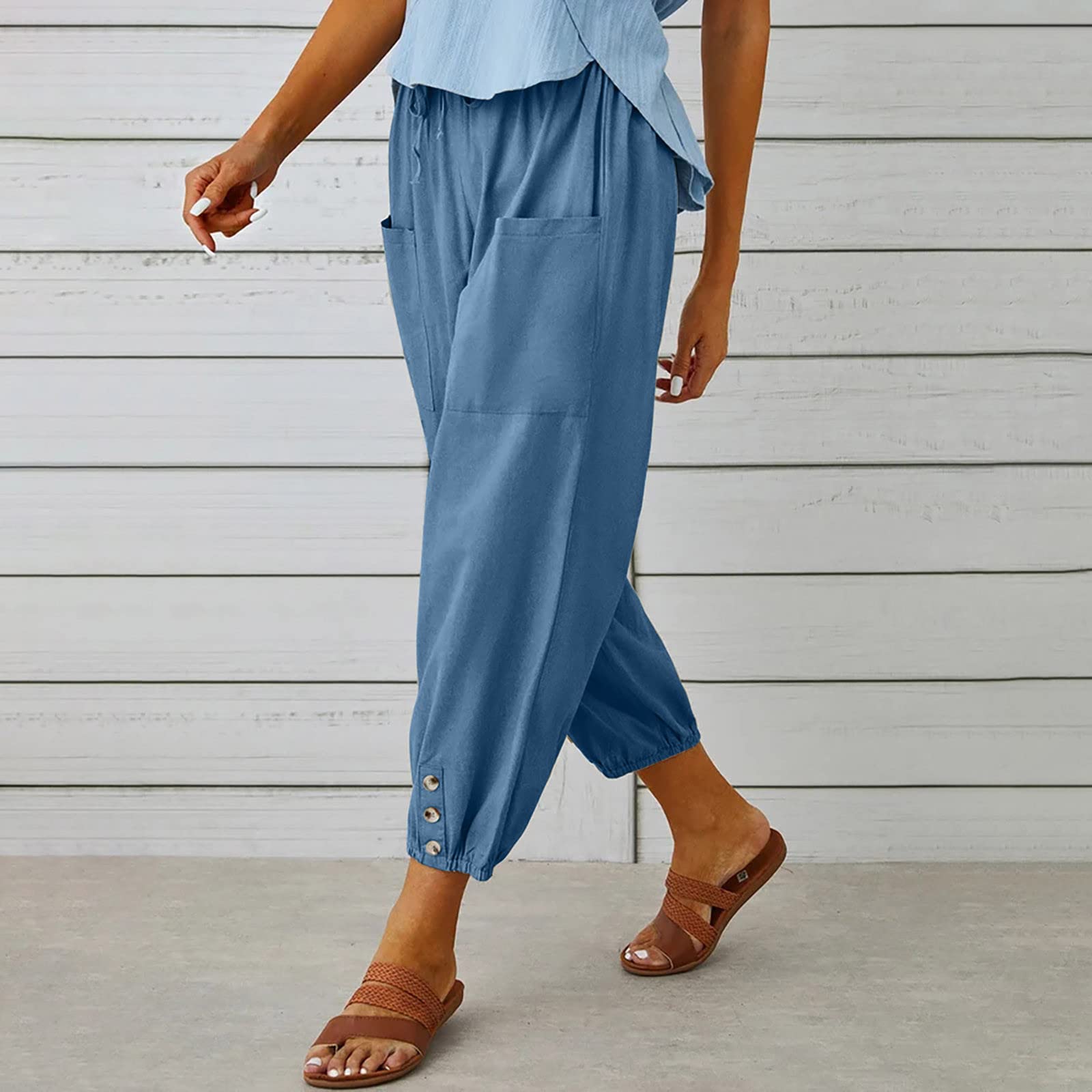 Lightweight Casual Summer Pants for Women Trendy Elastic High Waisted Cotton Linen Cropped Pant Trousers Loose Comfy