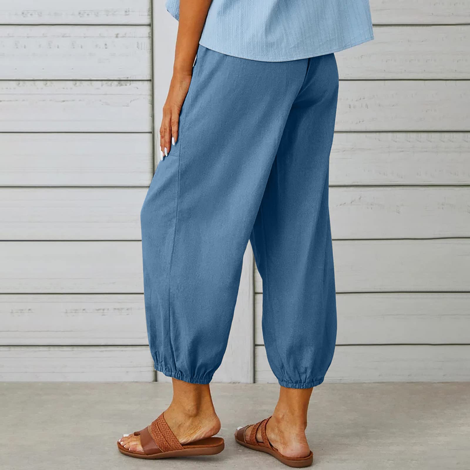 Lightweight Casual Summer Pants for Women Trendy Elastic High Waisted Cotton Linen Cropped Pant Trousers Loose Comfy