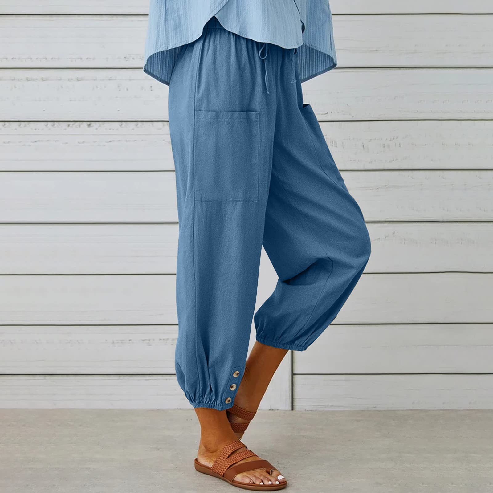 Lightweight Casual Summer Pants for Women Trendy Elastic High Waisted Cotton Linen Cropped Pant Trousers Loose Comfy