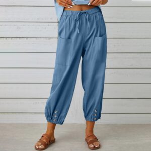 Lightweight Casual Summer Pants for Women Trendy Elastic High Waisted Cotton Linen Cropped Pant Trousers Loose Comfy