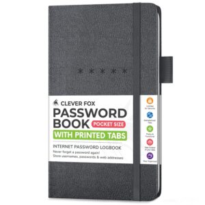 clever fox password book – alphabetized internet address & password organizer – computer & website password keeper notebook – log-in password journal – pocket, 6.2x3.5″, hardcover (mystic gray)