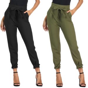 GRACE KARIN Women's Paper Bag High Waist Slim Fit Knot Pants with Belt 2pcs Black & Army Green L