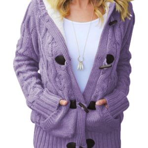 Dokotoo Womens Fashion 2024 Ladies Winter Hooded Casual Fluffy Cardigans Sweaters Solid Open Front Long Sleeve Cable Knit Sweaters Fleece Coats Outerwear with Pockets Purple Medium